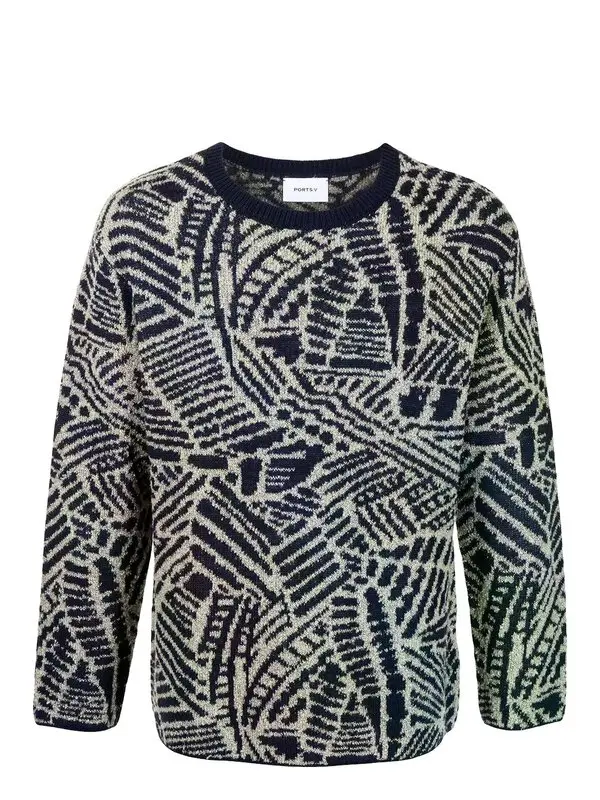 PORTS V Abstract Pattern Crew Neck Sweater - Blue