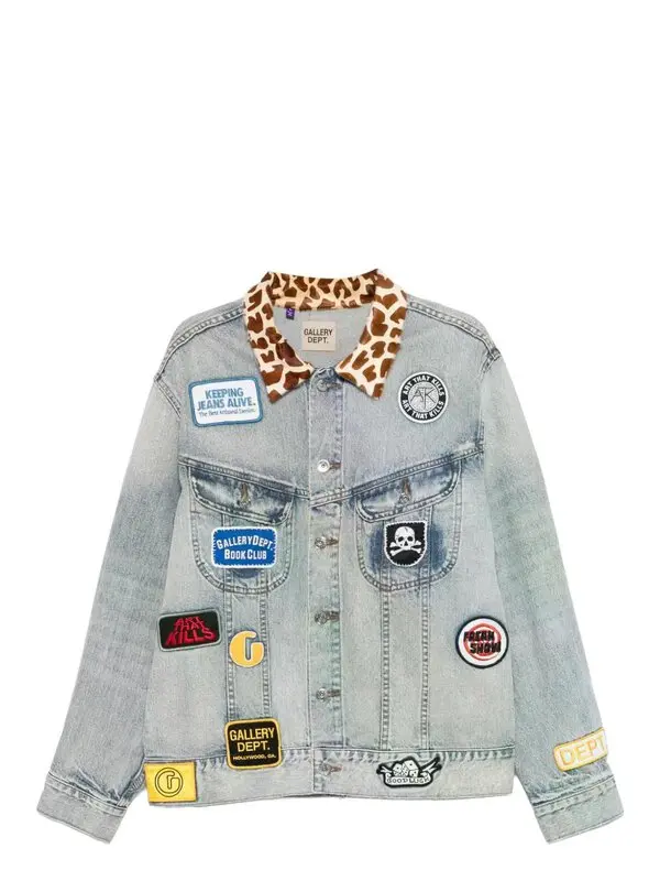 GALLERY DEPT. Distressed Denim Jacket With Animal Print Collar And Slogan Back - Blue