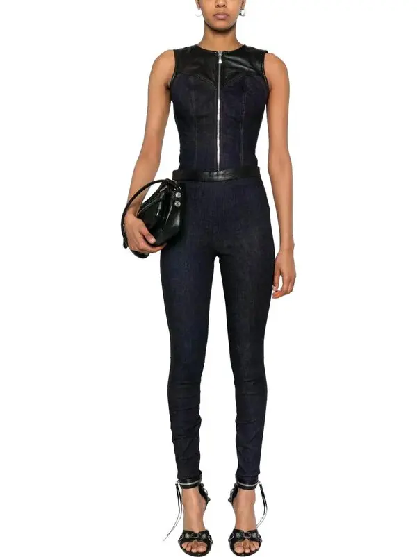 MITILIANE COUTURE Sleeveless Denim And Leather Bodysuit - Blue