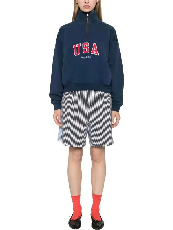 SPORTY & RICH Half Zip Sweatshirt With Embroidered Motif - Blue