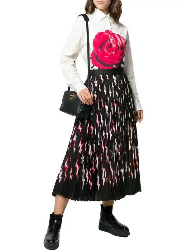 Prada Pleated Lightning Bolt Print Midi Skirt - Black