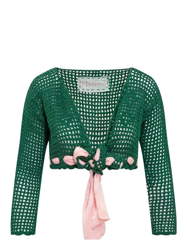 MATIMI Open Knit Knot Detail Long Sleeve Blouse - Green