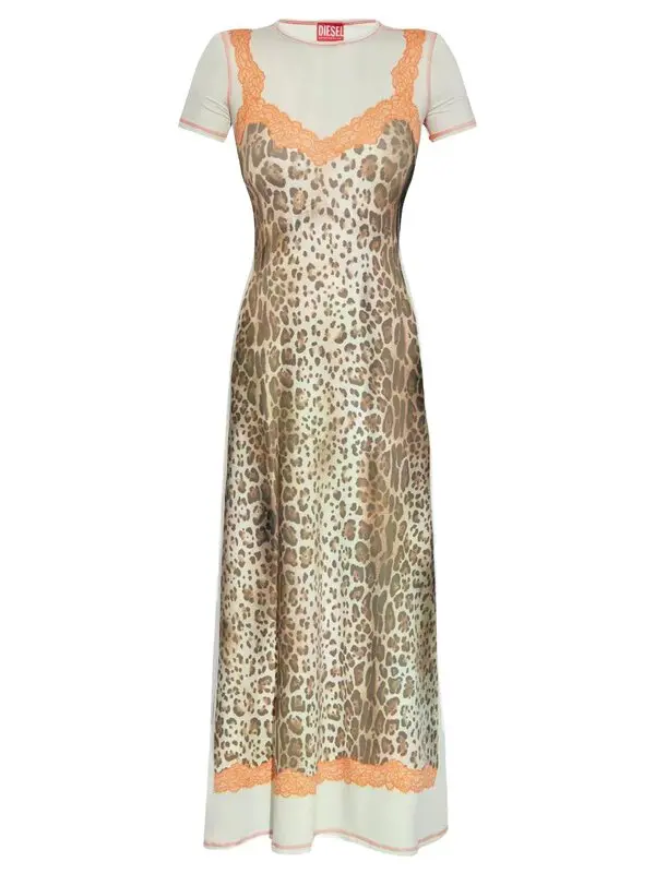 DIESEL® D-iile Midi Dress With Leopard Print And Lace Trim - Neutrals