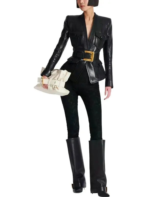 Balmain 1-button Belted Leather Jacket - Black