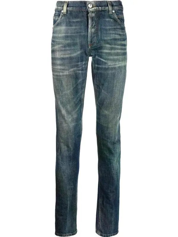 Balmain Whiskering-effect Slim Denim Jeans - Blue