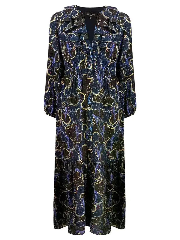 Saloni Mixed Print Flared Dress - Blue