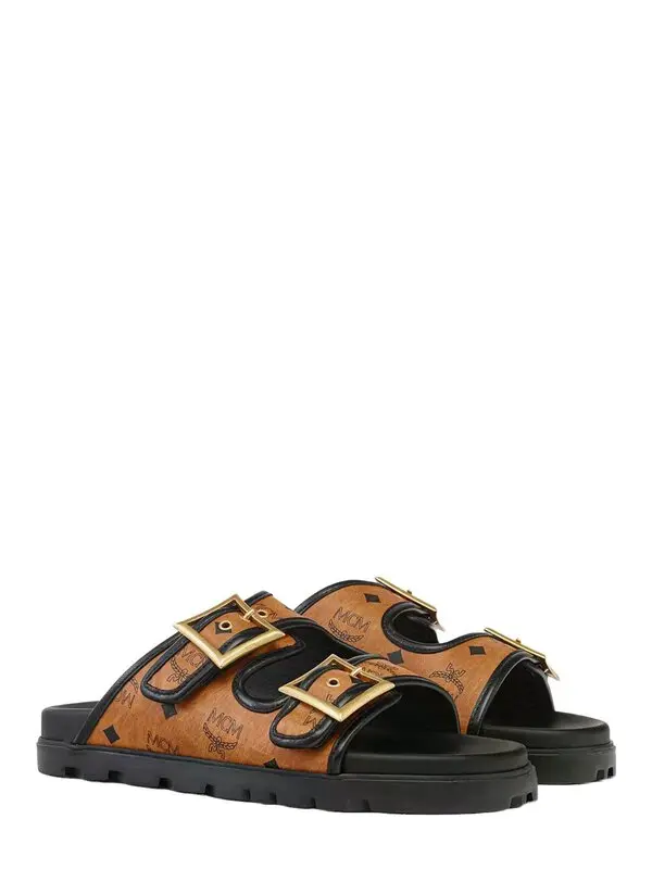 Mcm Visetos Canvas Double Buckle Sandals - Brown