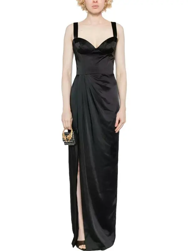Marchesa Satin Bustier Gown With Side Slit - Black