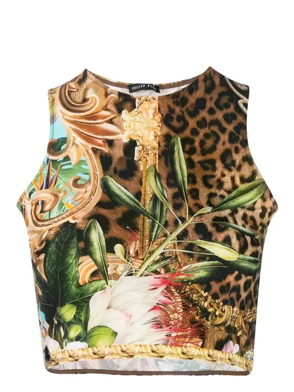 Philipp Plein Baroque Floral Print Sleeveless Crop Top - Brown