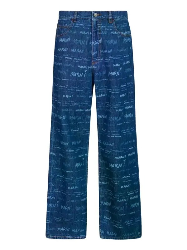 Marni Straight-leg All-over Logo Print Denim Trousers - Blue