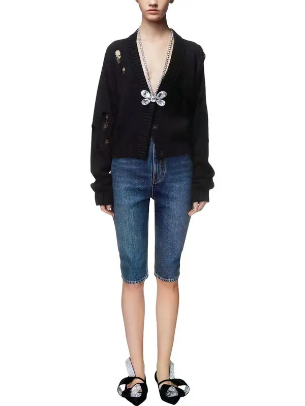 AREA Butterfly Embellished Distressed Cropped Cardigan - Black