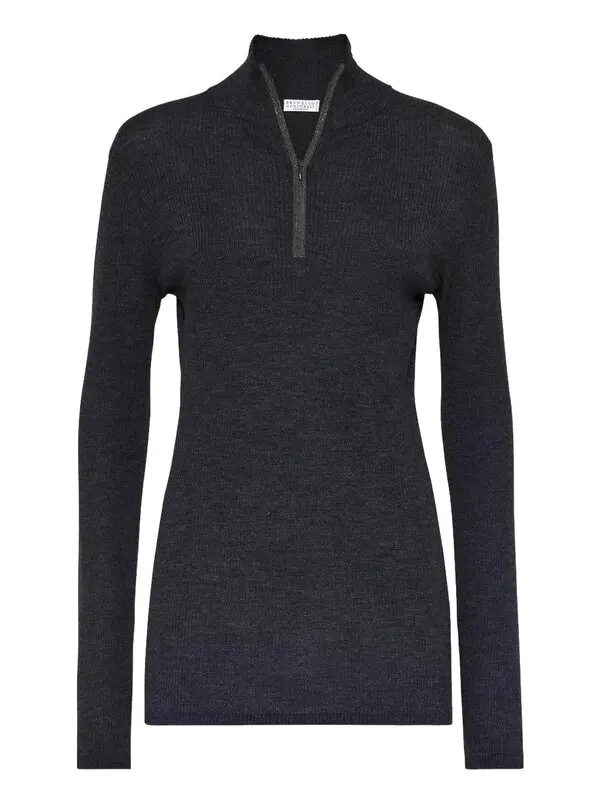 Brunello Cucinelli Ribbed Knit High Neck Zip Fastening Sweater - Grey