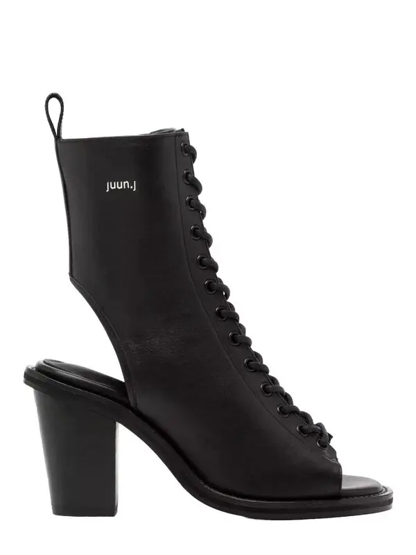 JUUN.J Open-toe Leather Lace-up Block Heel Boots - Black
