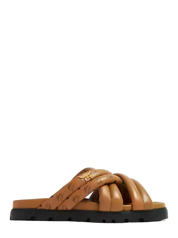 Mcm Visetos-print Crossover Leather Slides - Brown