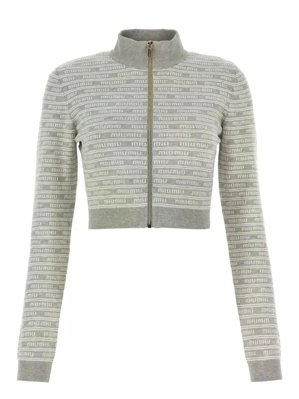 Miu Miu Cropped Intarsia-logo Cardigan - Grey