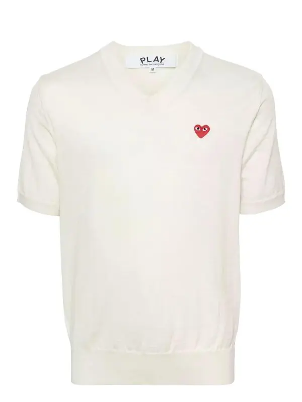 Play Comme Des Garcon Fine Knit V-neck Jumper With Heart Patch - White
