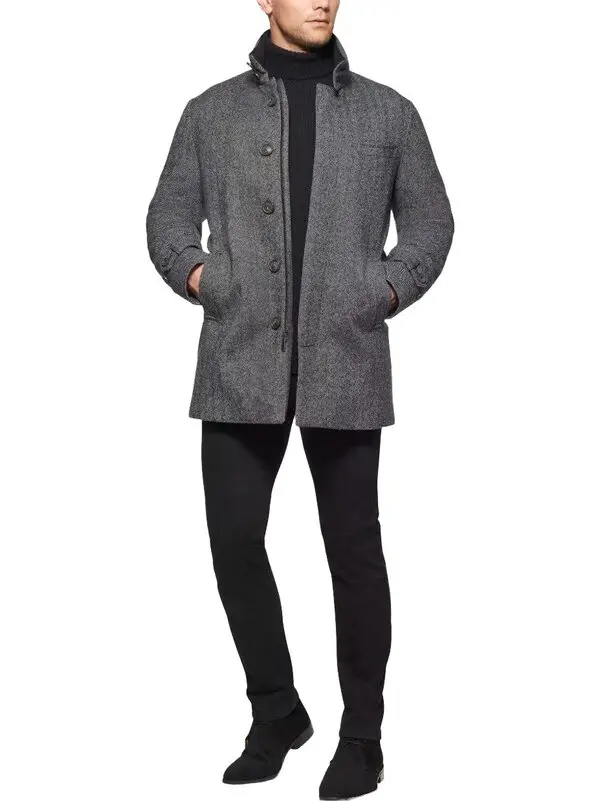 NORWEGIAN WOOL Virgin Wool-cashmere Blend Herringbone High Neck Coat - Grey