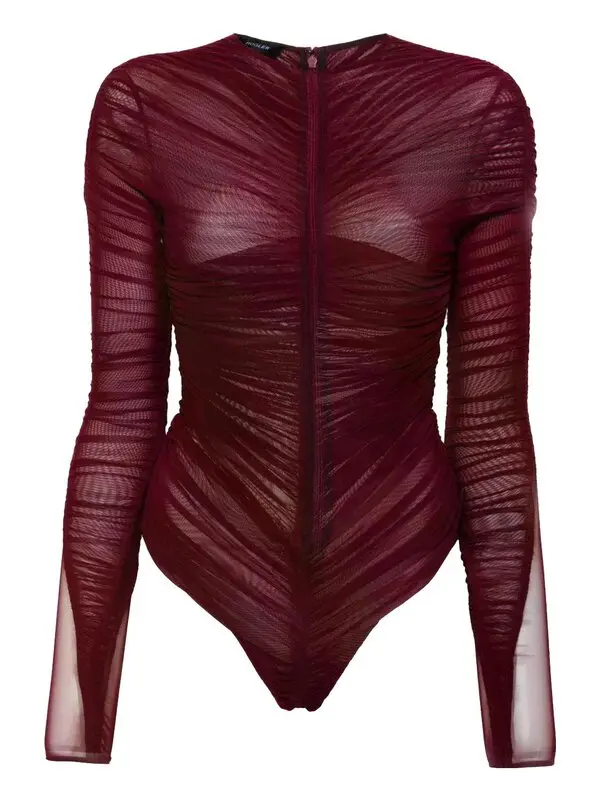 MUGLER Gathered Semi-sheer Bodysuit - Red