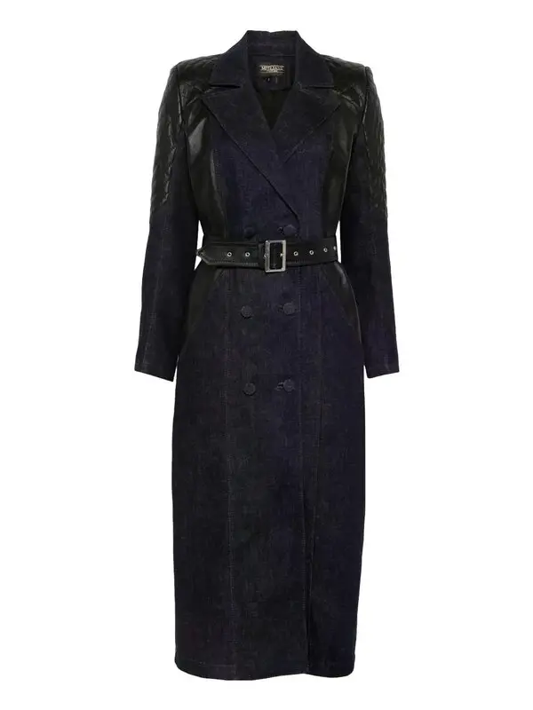 MITILIANE COUTURE Denim Panelled Trench Coat With Leather Inserts - Black