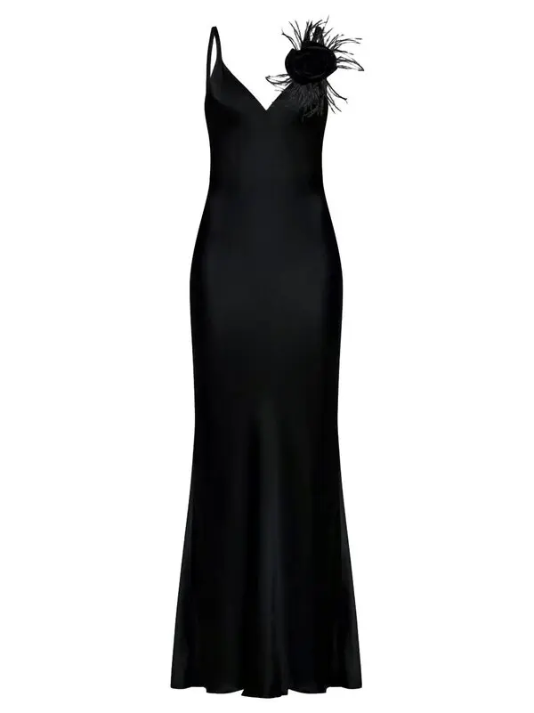 ROOM76 Silk Satin Rose Appliqué Maxi Dress - Black