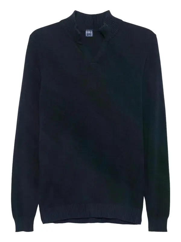 Fedeli Cotton V-neck Pullover - Blue