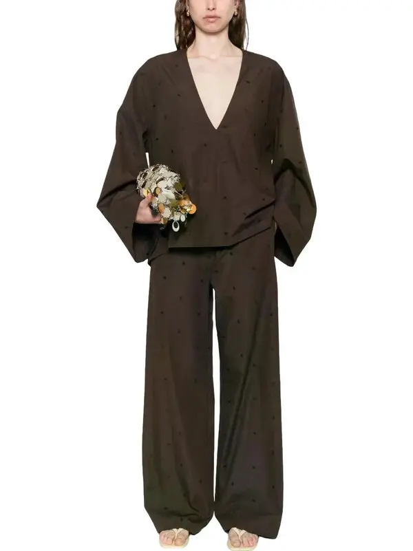 Attico V-neck Blouse With Embroidered Design - Brown