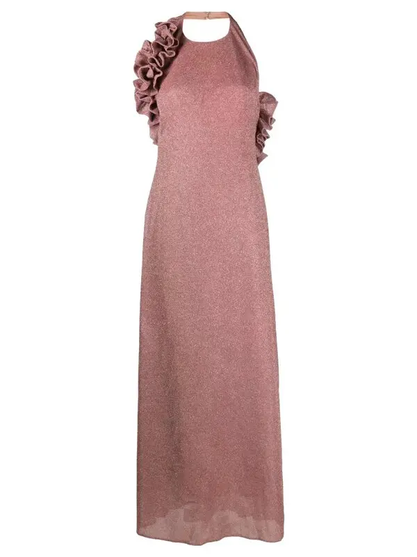 RAYANE BACHA Metallic Ruched Halterneck Maxi Dress - Pink
