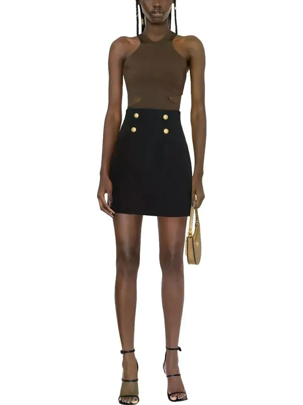 Balmain High-waisted Wool Miniskirt With Gold-tone Buttons - Black