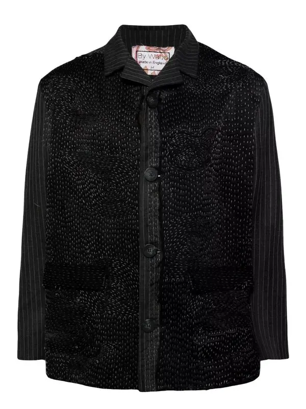 By Walid Embroidered Pinstriped Shirt Jacket - Black