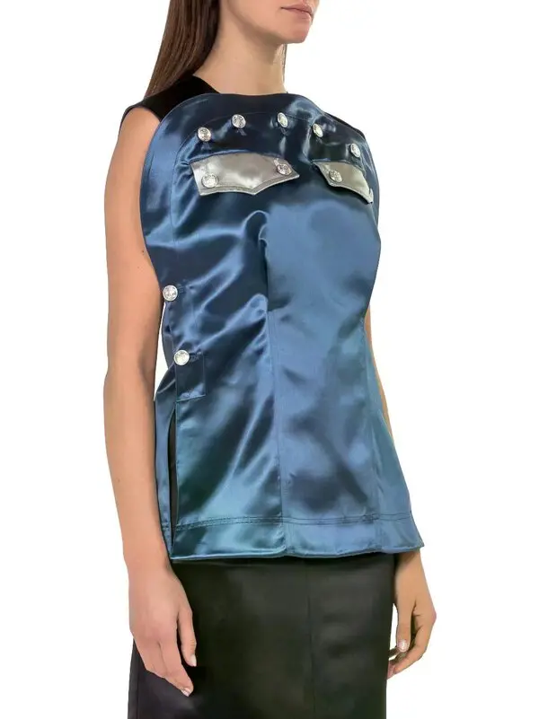 Calvin Klein Satin Sleeveless Blouse With Decorative Buttons - Blue
