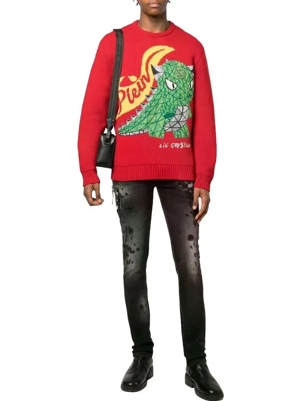 Philipp Plein Dinosaur Motif Merino Wool Jumper - Red