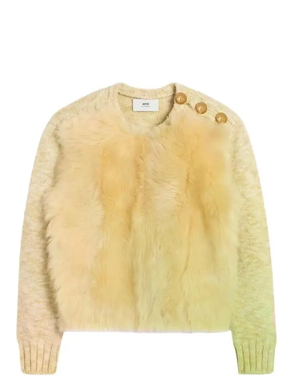 AMI Paris Shearling & Wool Crew Neck Sweater - Neutrals
