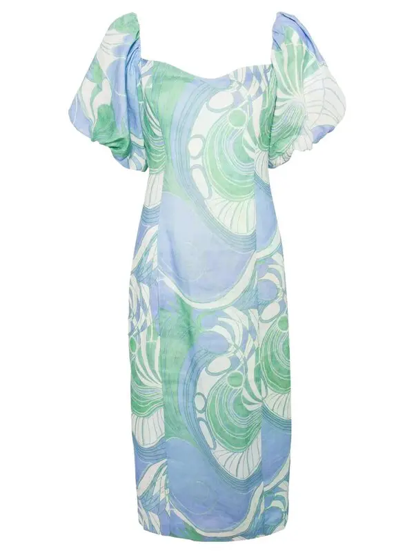 Rhode Karima Dress With Graphic Print And Puff Sleeves - Blue