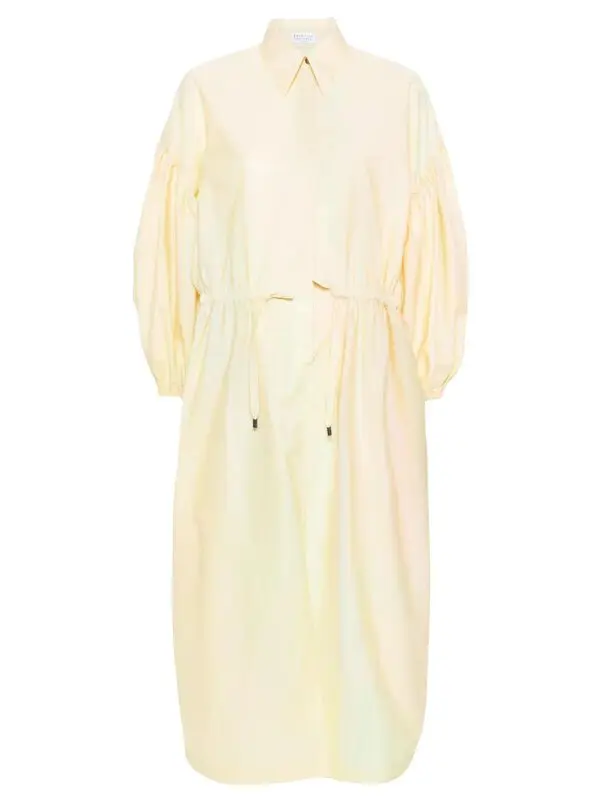 Brunello Cucinelli Pastel Crinkled Balloon Sleeve Shirt Maxi Dress - Yellow