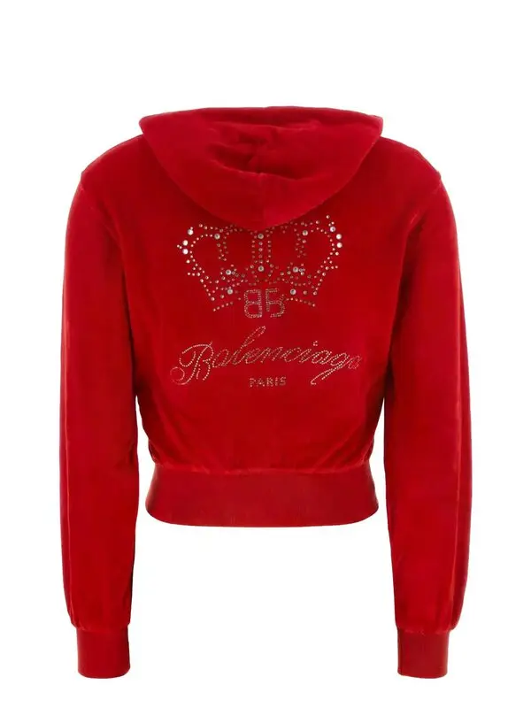 Balenciaga Velvet Rhinestone Logo Zipped Hoodie - Red