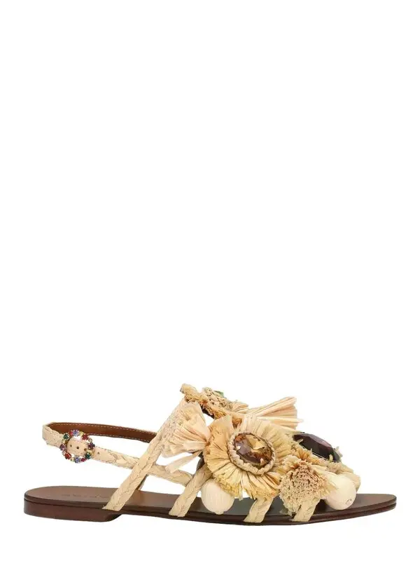 Dolce & Gabbana Embellished Raffia Flat Sandals - Neutrals
