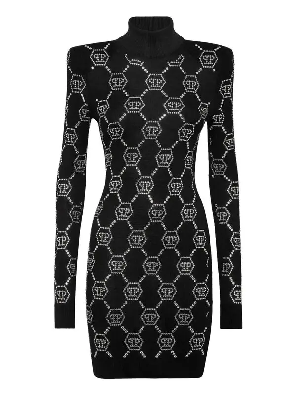 Philipp Plein Crystal-embellished Monogram Knit Mini Dress - Black