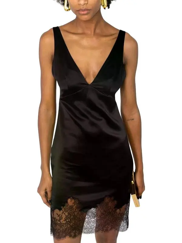 Saint Laurent Lace-trimmed Satin Mini Dress - Black