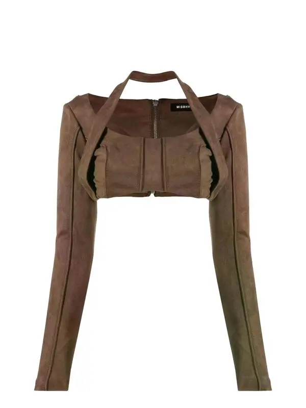 MISBHV Faux-suede Halterneck Long-sleeved Cropped Top - Brown