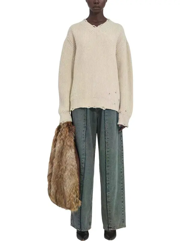 MAISON MARGIELA Distressed Ribbed V-neck Sweater - Neutrals