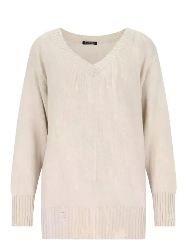 CANESSA Distressed V-neck Cashmere Jumper - Neutrals