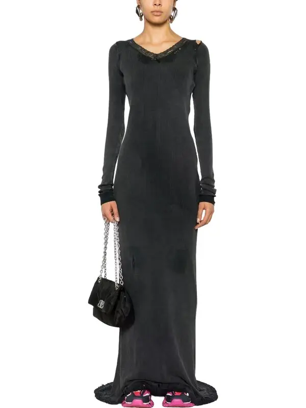 Balenciaga Distressed Ribbed Knit Maxi Dress With Lace Trim - Black