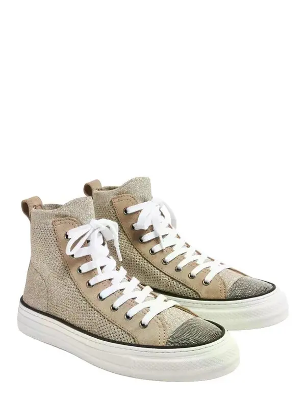Brunello Cucinelli Monili-embellished Metallic Knit High Top Sneakers - Neutrals