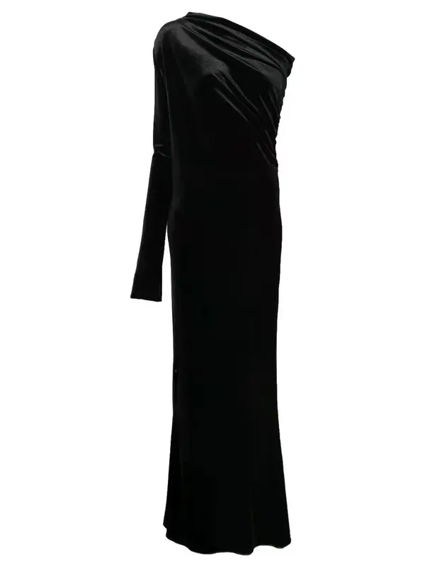 Alchemy Fashions Velvet Gown With Asymmetrical Neckline And Ruched Detailing - Black