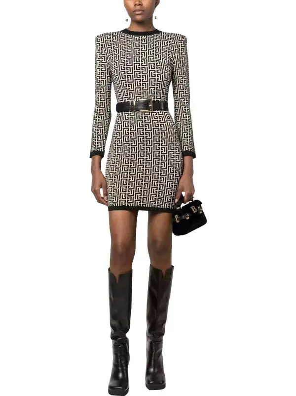 Balmain Monogram-print Wool-blend Dress - Neutrals