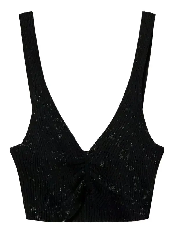 TWINSET Ribbed Knit V-neck Cropped Top With Logo Charm - Black