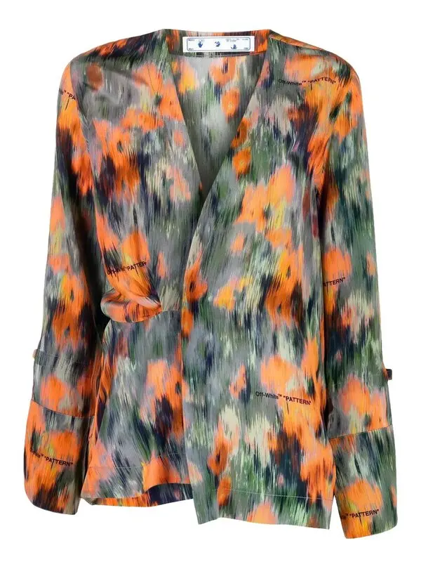 Off-White Graphic Print Silk Blouse - Green
