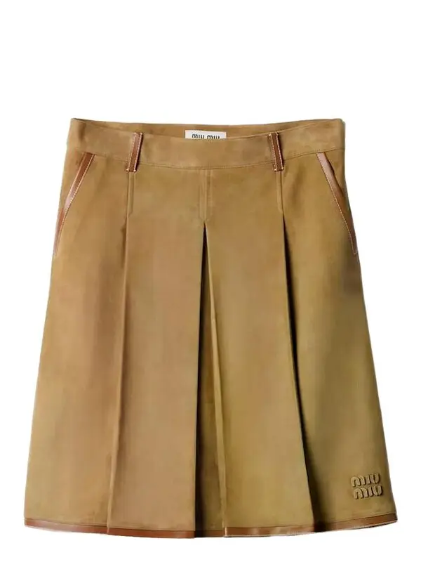 Miu Miu Pleated Suede Skirt With Leather Accents - Brown