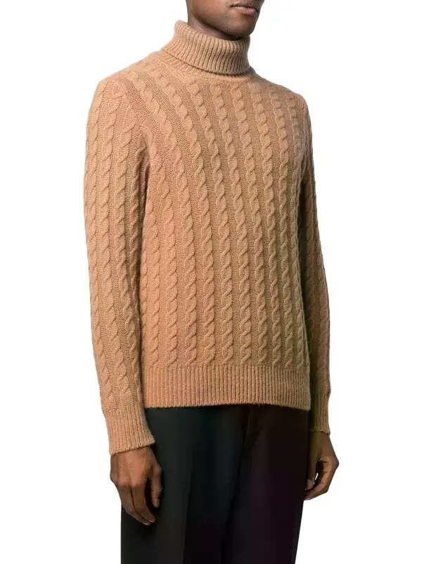 ZANONE Camel Virgin Wool Blend Cable Knit Roll Neck Jumper - Brown