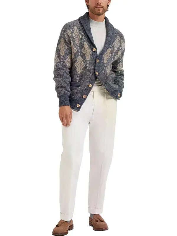Brunello Cucinelli Intarsia Knit Shawl Collar Cardigan - Blue